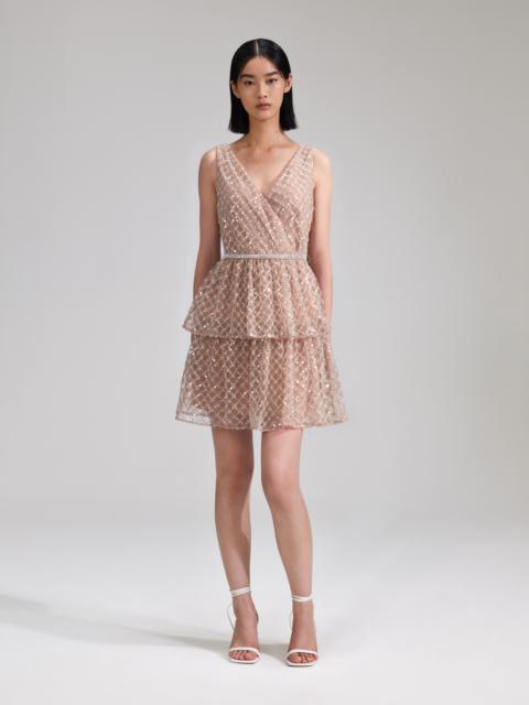 self-portrait Tan Grid Sequin Tiered Mini Dress | selfportrait | REVERSIBLE