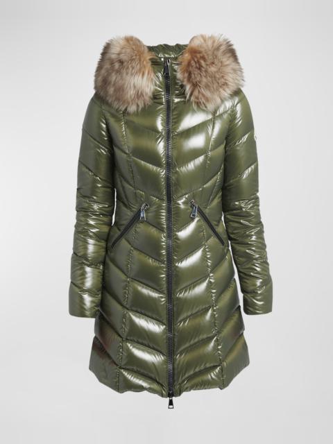 Moncler Marre Long Puffer Coat with Faux Fur Ruff | REVERSIBLE