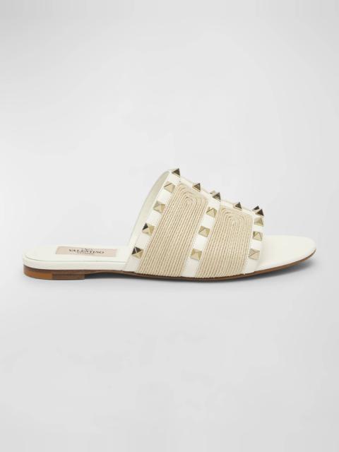 Valentino Rockstud Raffia Flat Slide Sandals | REVERSIBLE